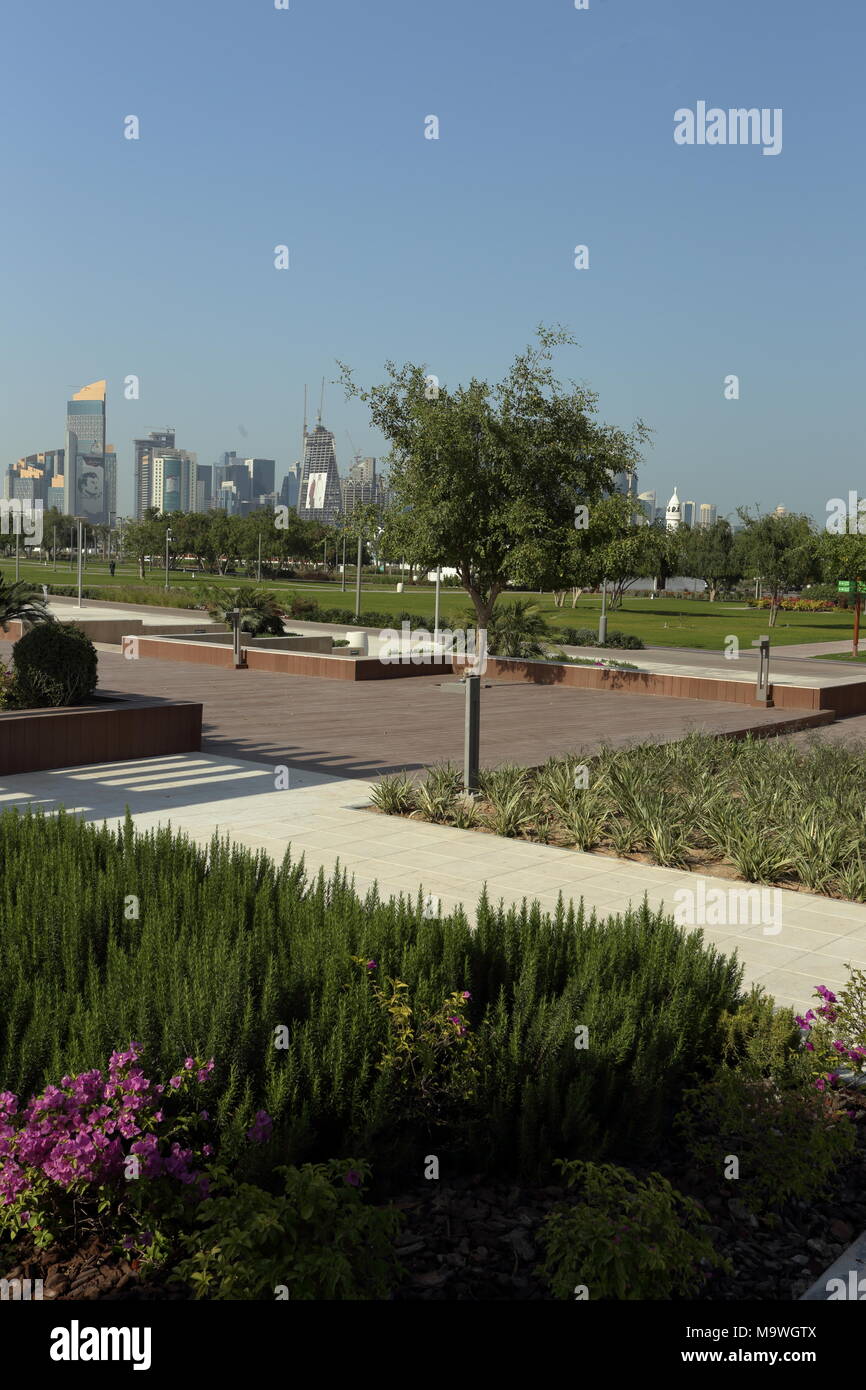 AL BIDDA PARK, DOHA, QATAR - March 28, 2018: A view across the newly ...