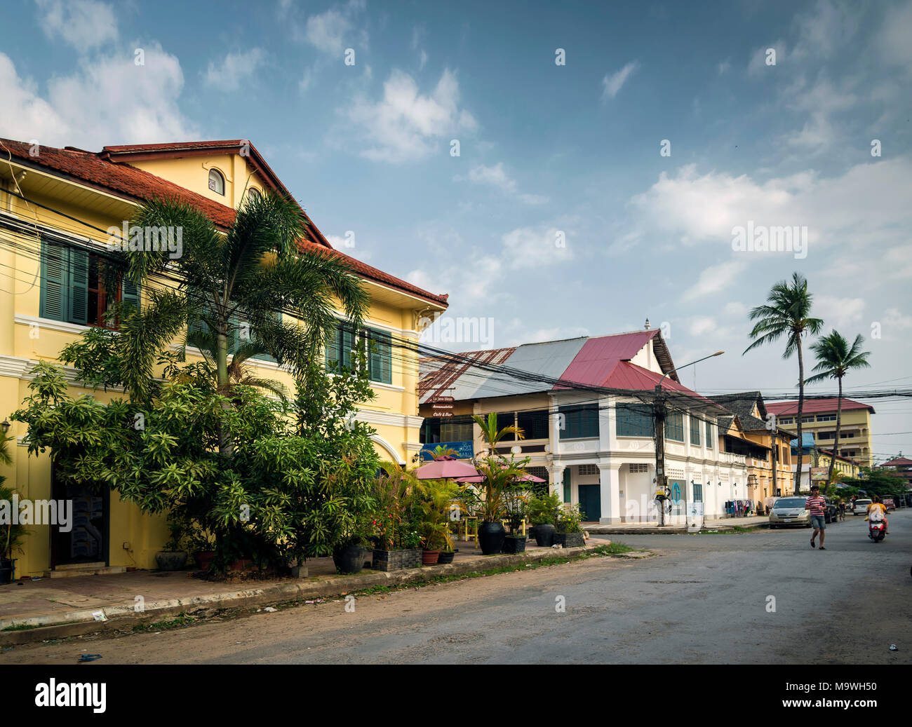old french colonial architecture buildings in kampot downtown street ...