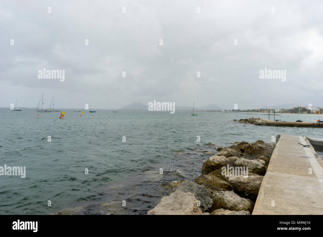 Cloudscape, Rain over the stormy sea, Mallorca island in Spain Stock ...