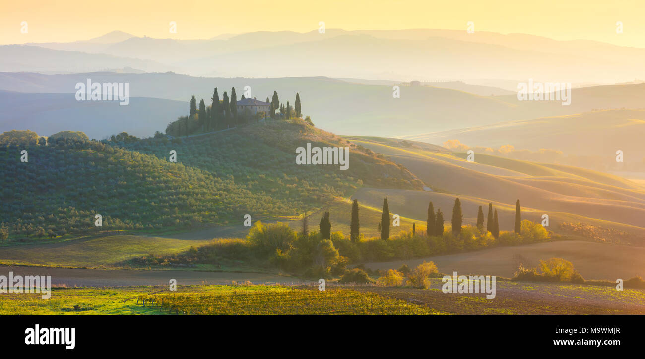 Panoramic Sunrise Morning Tuscany landscape with beautiful hills and ...
