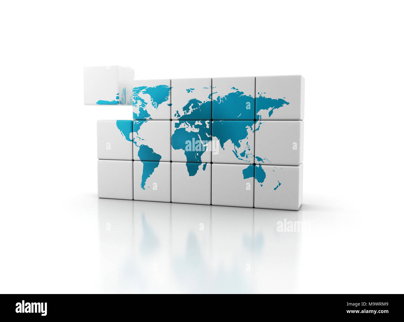 Blue world map on building blocks. White background Stock Photo - Alamy