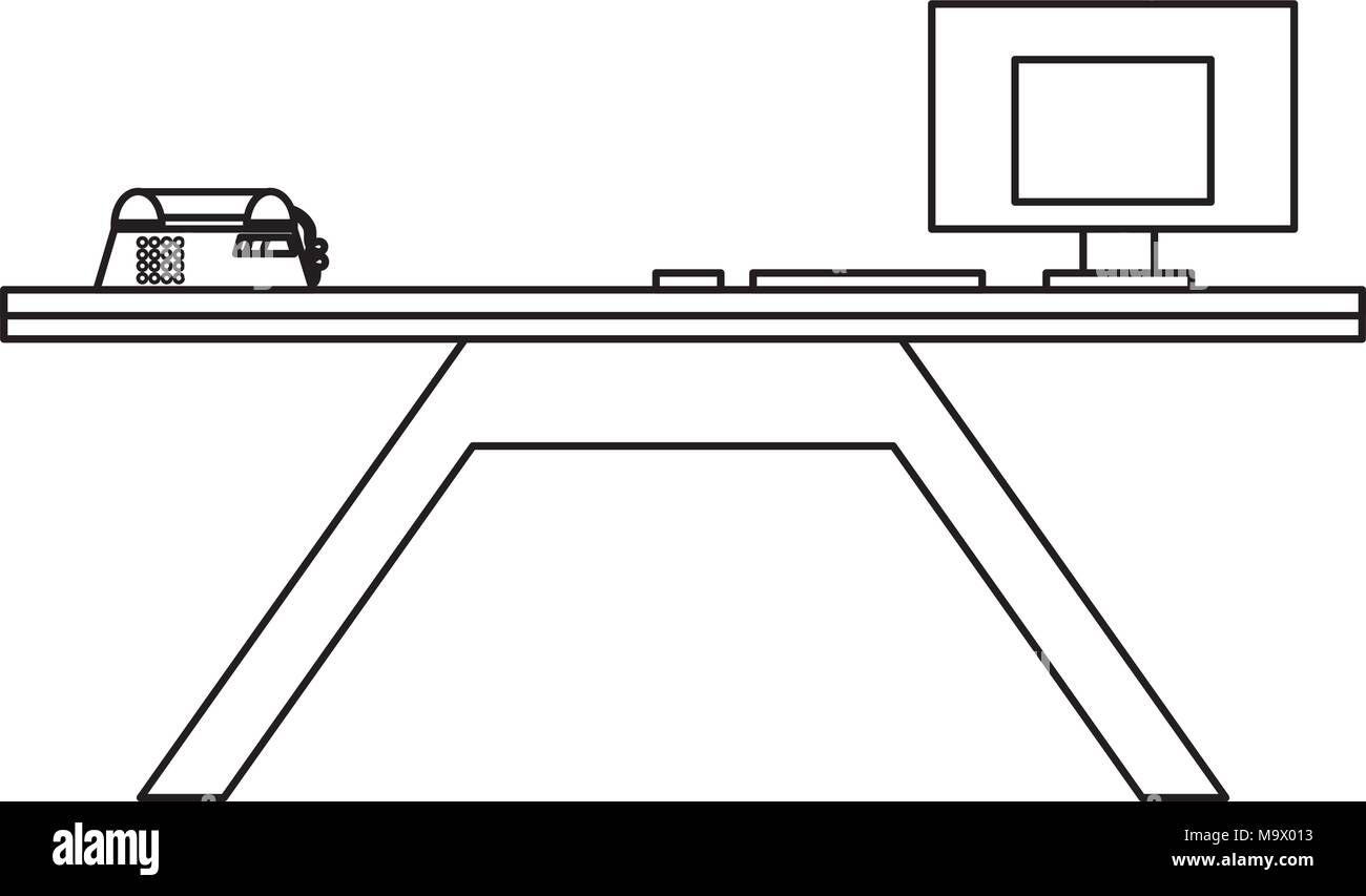 Office desk with computer and telephone over white background, vector ...