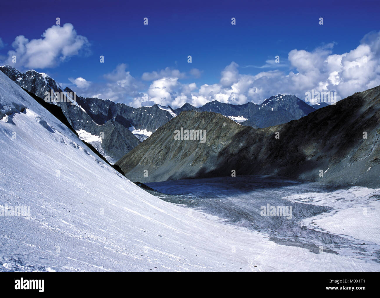 Ak-kem ice wall snow foot at Belukha mountain, Arbuz glacier. Altai ...