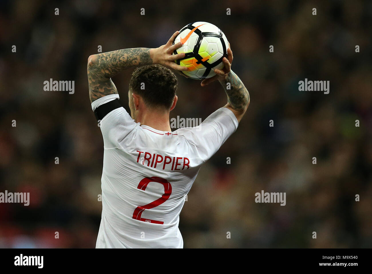 London, UK. 27th March 2018. Kieran Trippier of England takes a throw ...