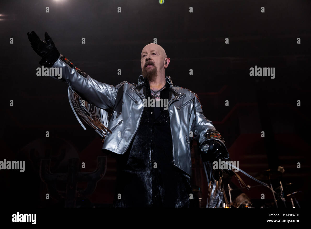 Oshawa, CANADA. 28th March, 2018. Judas Priest lead singer Rob Halford ...