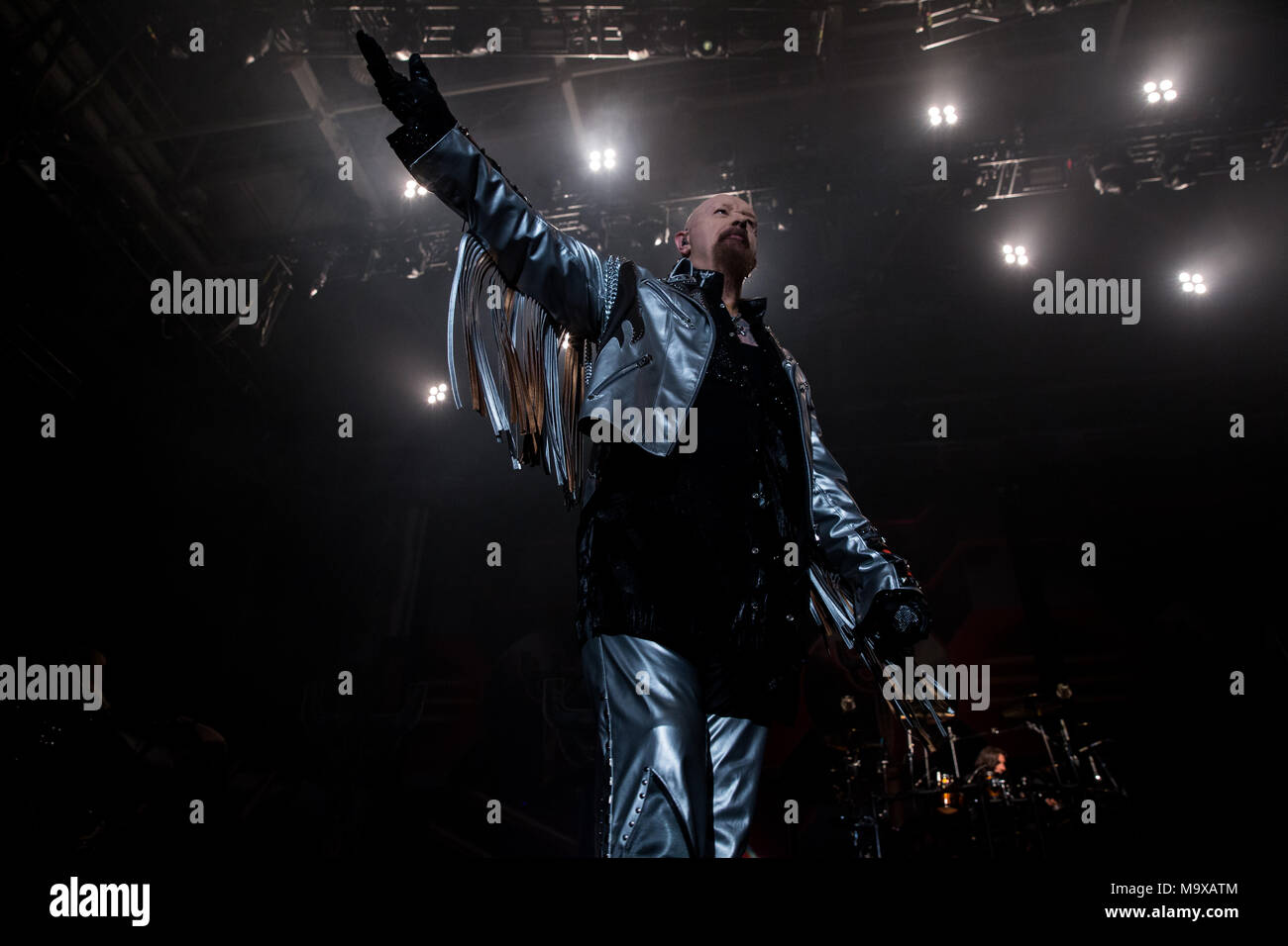 Oshawa, CANADA. 28th March, 2018. Judas Priest lead singer Rob Halford ...