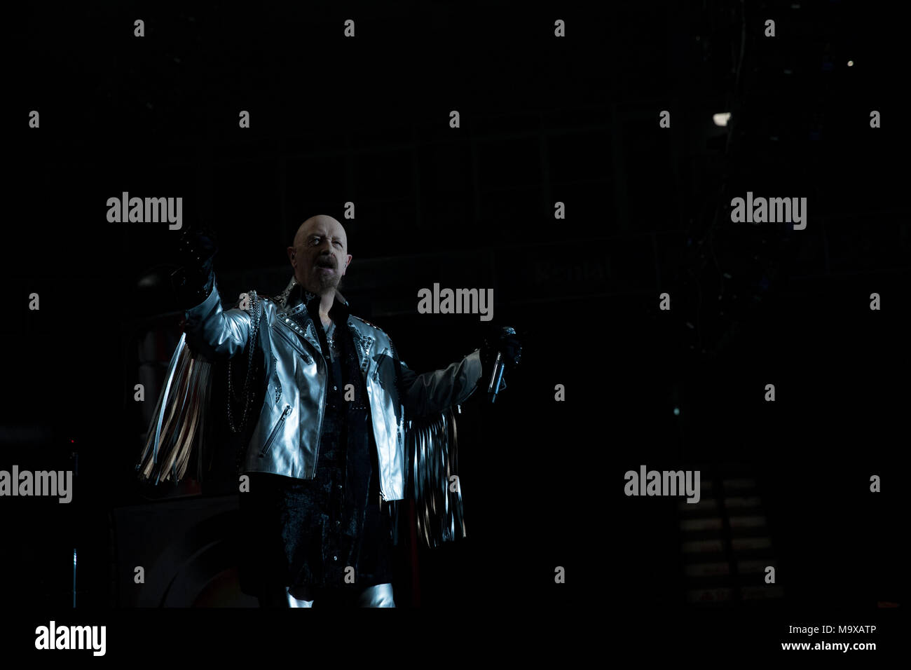 Oshawa, CANADA. 28th March, 2018. Judas Priest lead singer Rob Halford ...