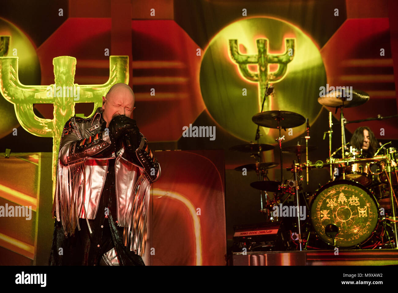 Oshawa, CANADA. 28th March, 2018. Judas Priest lead singer Rob Halford ...