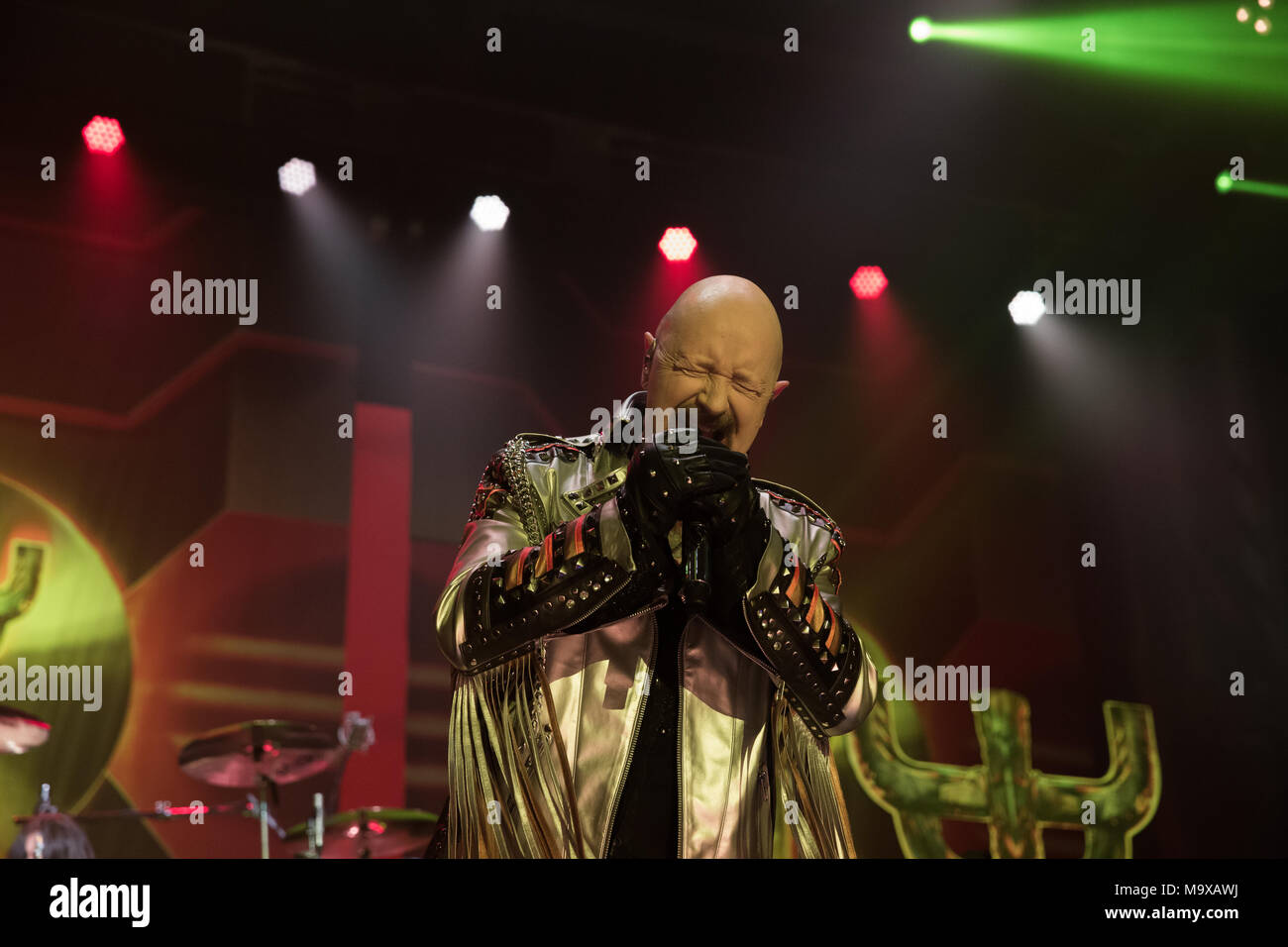 Oshawa, CANADA. 28th March, 2018. Judas Priest lead singer Rob Halford ...