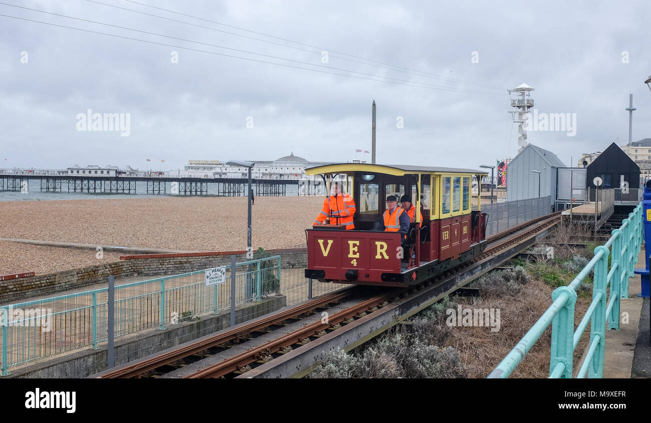 Brighton UK 29th March 2018 - The Volk's Electric Railway train out on ...