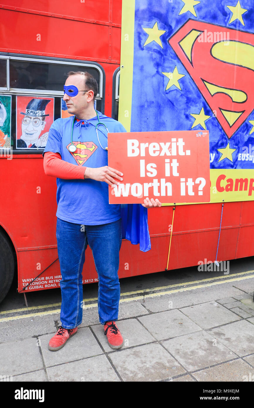 London, UK. 29th March 2018. Anti Brexit protesters dressed as comic ...