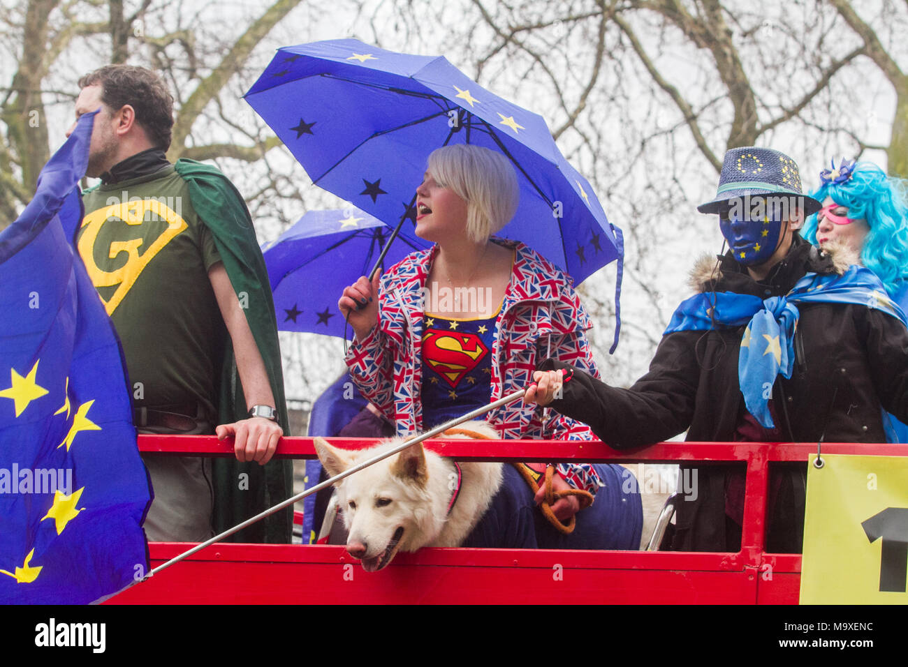 London, UK. 29th March 2018. Anti Brexit protesters prepare to board a ...