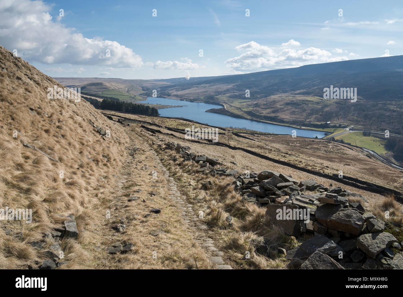 Woodhead reservoirs and the A628 road in the Longdendale valley, North ...