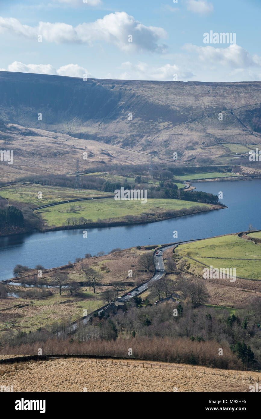 Woodhead reservoirs and the A628 road in the Longdendale valley, North ...