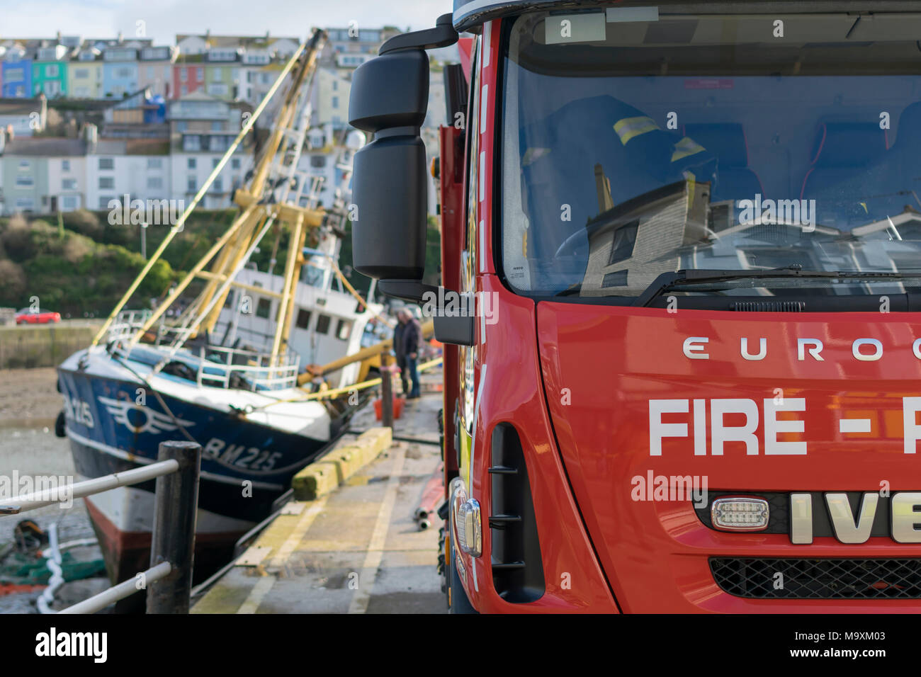 Fire engine and Trawlers in Brixham, Devon Stock Photo - Alamy