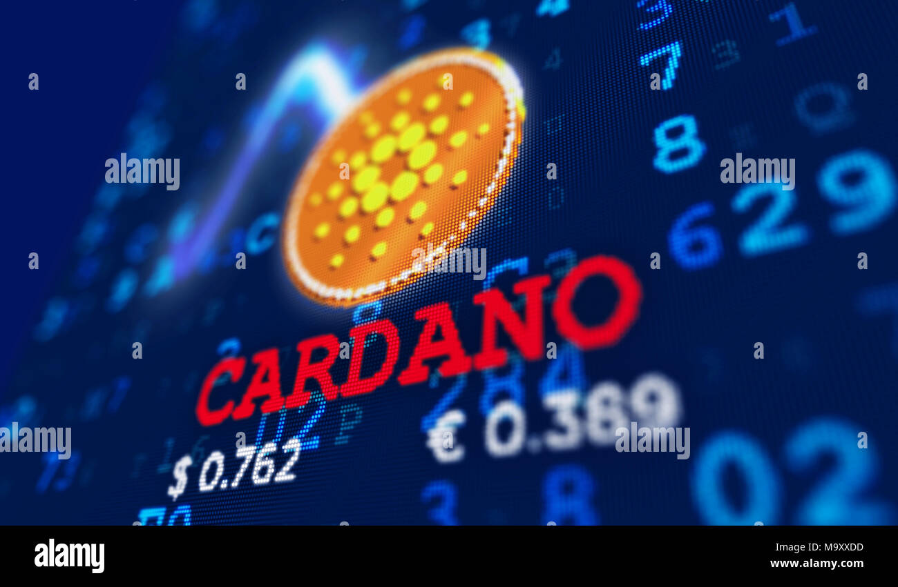 Cardano currency in screen stylized graphic. Coin and pixel ...