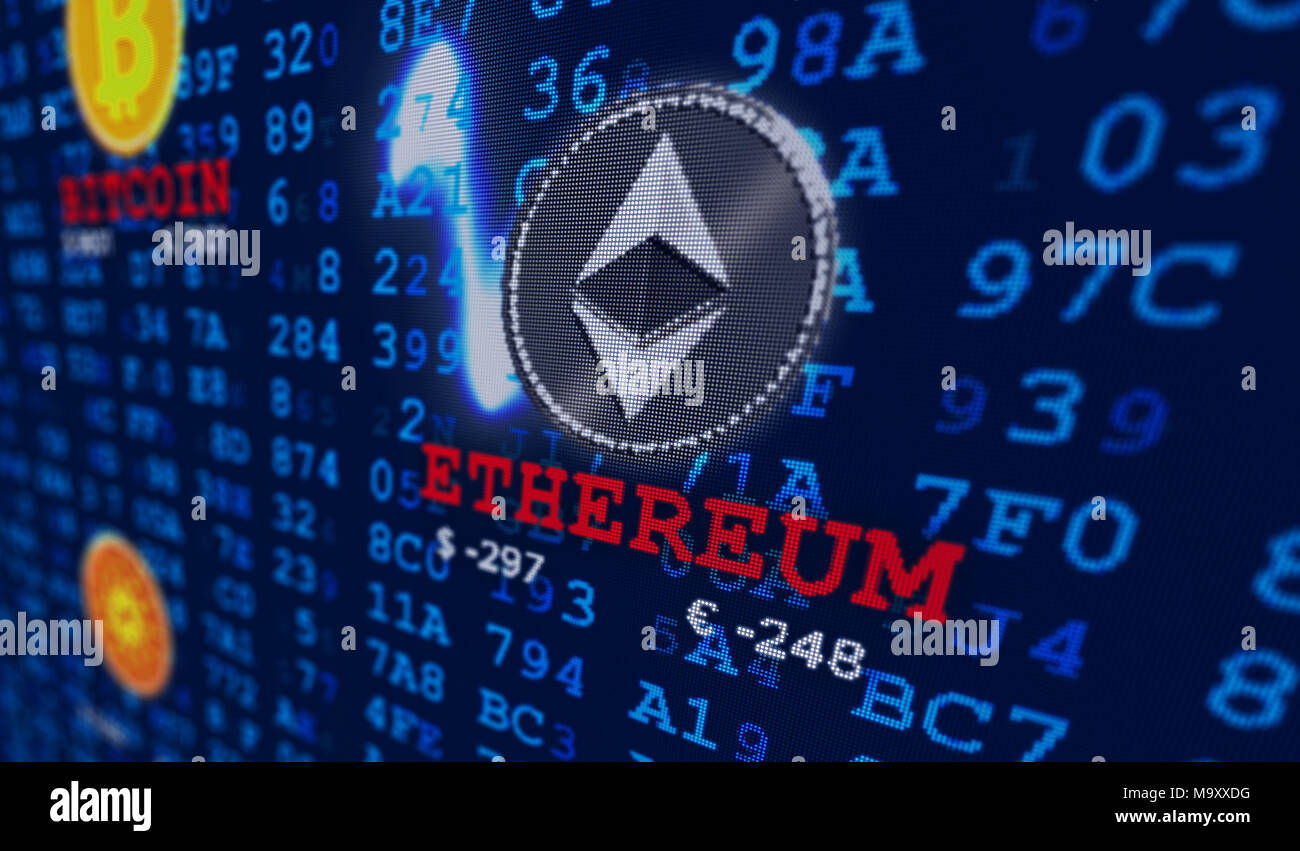 Ethereum currency in screen stylized graphic. Coin and pixel ...