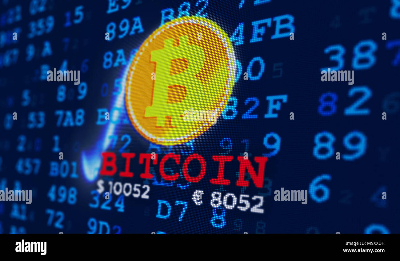 Bitcoin currency in screen stylized graphic. Coin and pixel ...