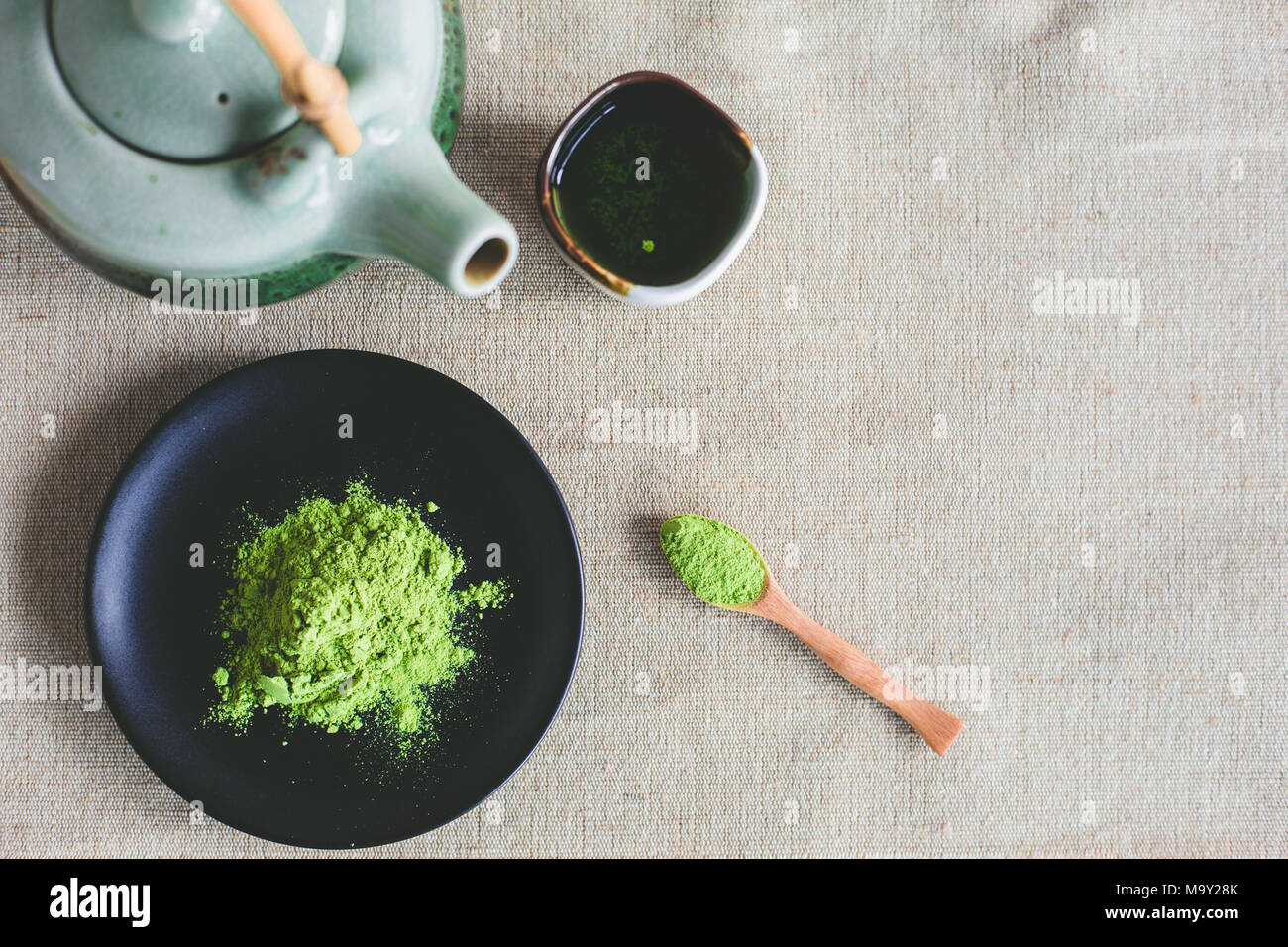 Top view of green tea matcha in a bowl on sack cotton Stock Photo - Alamy
