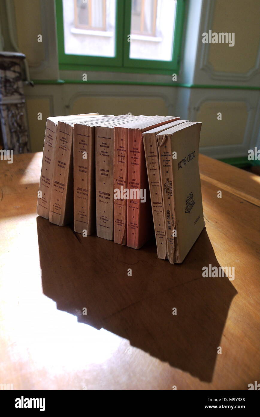 Religious books displayed on a table in a religious college of Lyon ...