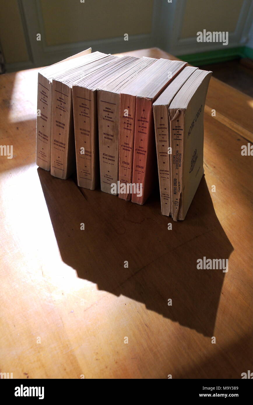 Religious books displayed on a table in a religious college of Lyon ...
