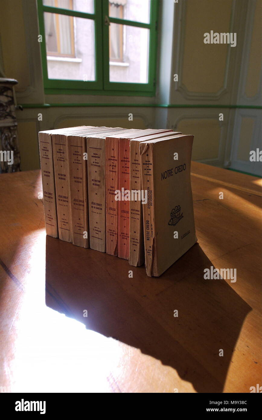 Religious books displayed on a table in a religious college of Lyon ...
