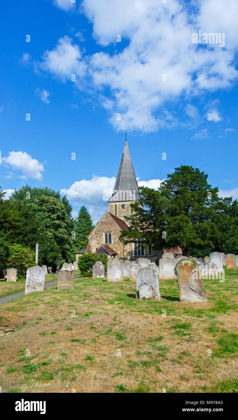 St James' Church with traditional spire and rural churchyard, Shere ...
