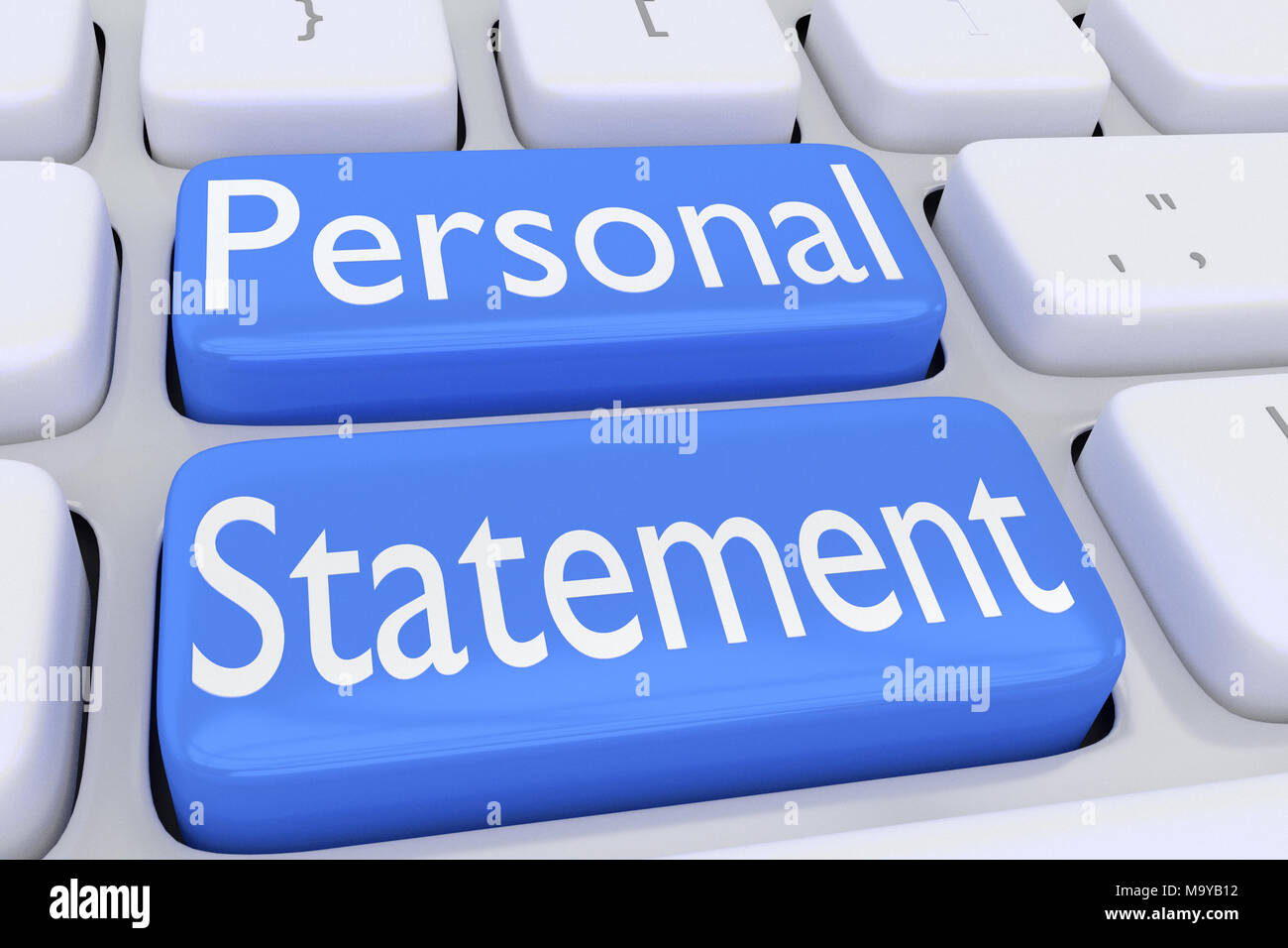 3D illustration of computer keyboard with the script Personal Statement on two adjacent blue ...