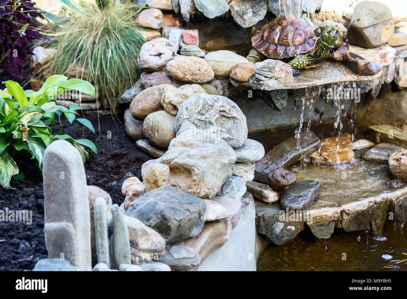 Small decorative pond with a beautiful stone wall and growing plants ...