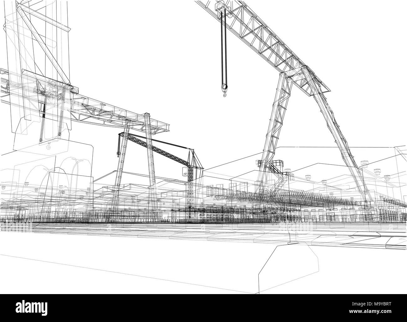 Industrial buildings outline. Wire-frame style. 3d illustration Stock ...