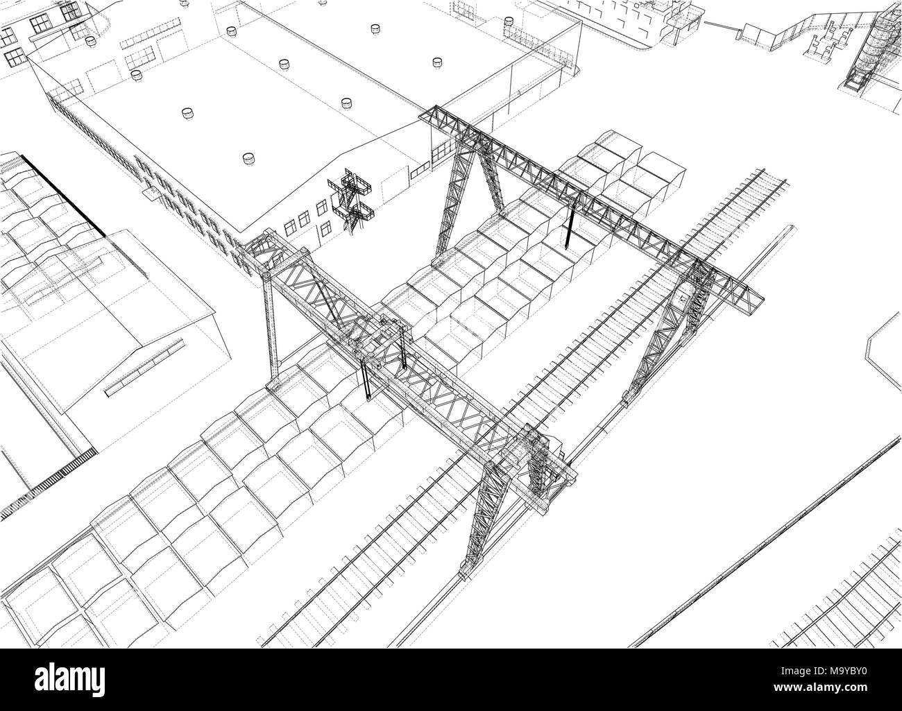 Industrial buildings outline. Wire-frame style. 3d illustration Stock ...