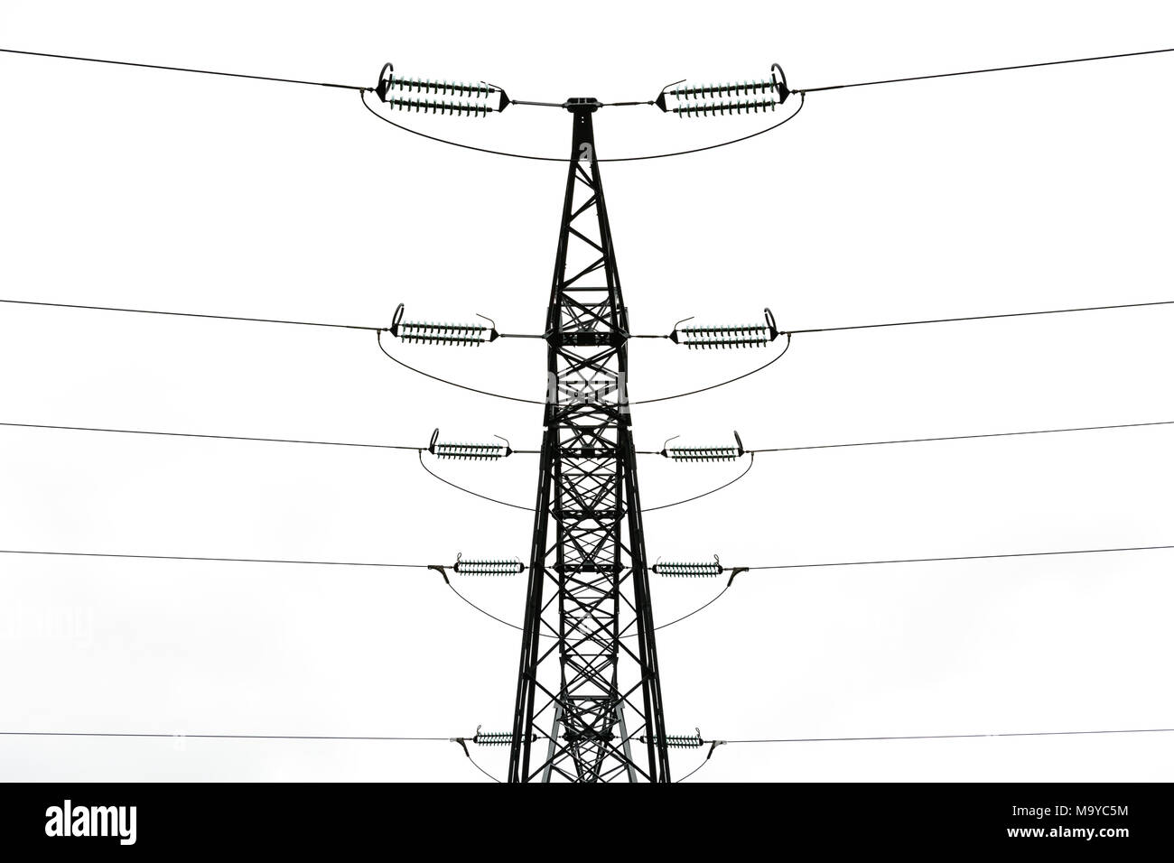 Close-up view of the crossarm and insulator strings of a high-voltage ...
