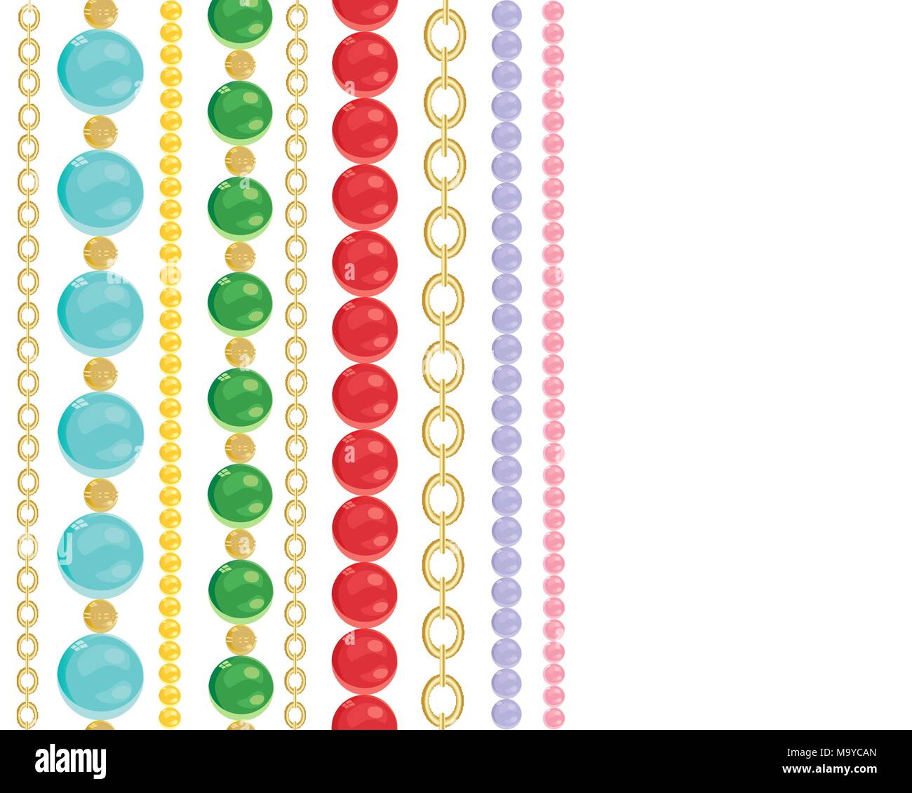 an illustration of colorful bead necklaces and gold chains on a white ...