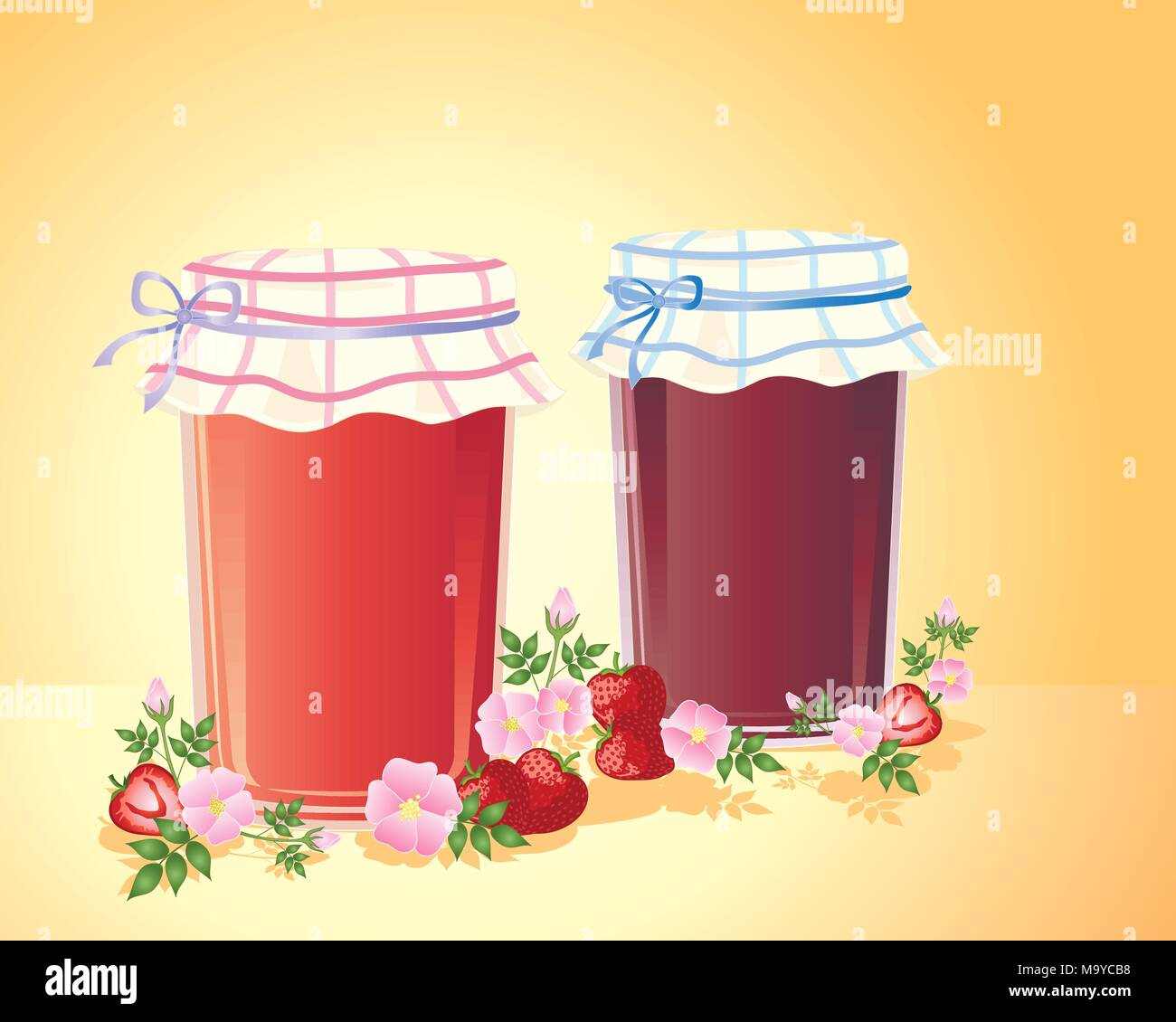 an illustration of two jars of home made jam with fancy cloth lids wild ...