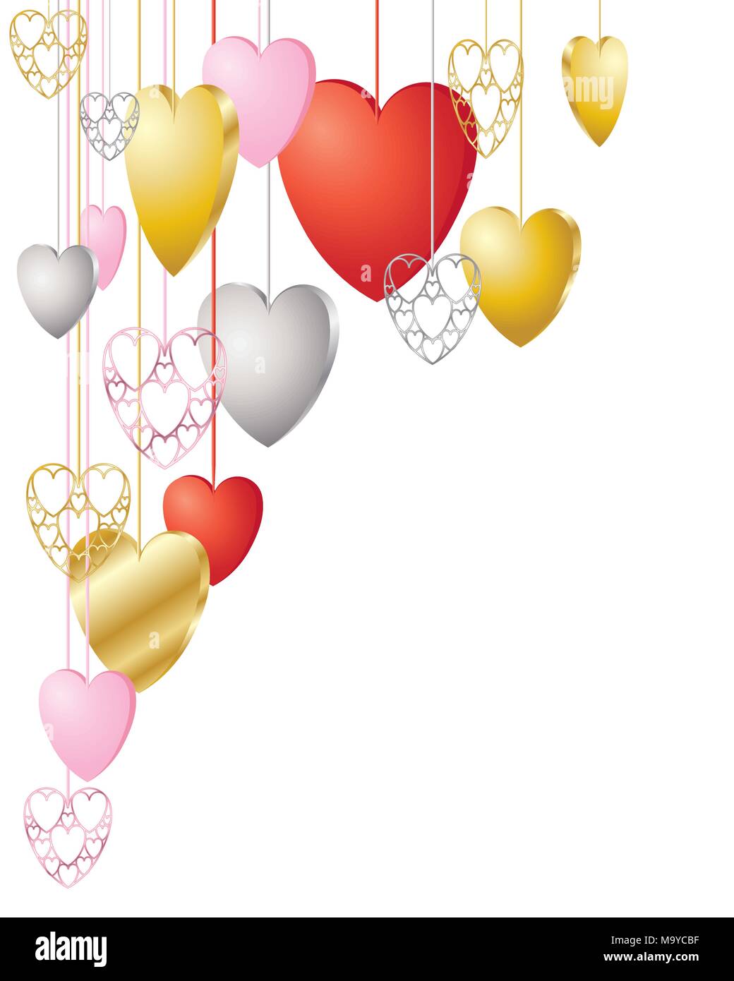 an illustration of red gold pink and silver love hearts at different ...
