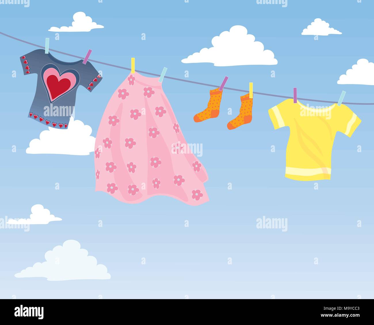 an illustration of colorful clothes hanging on a washing line with blue ...