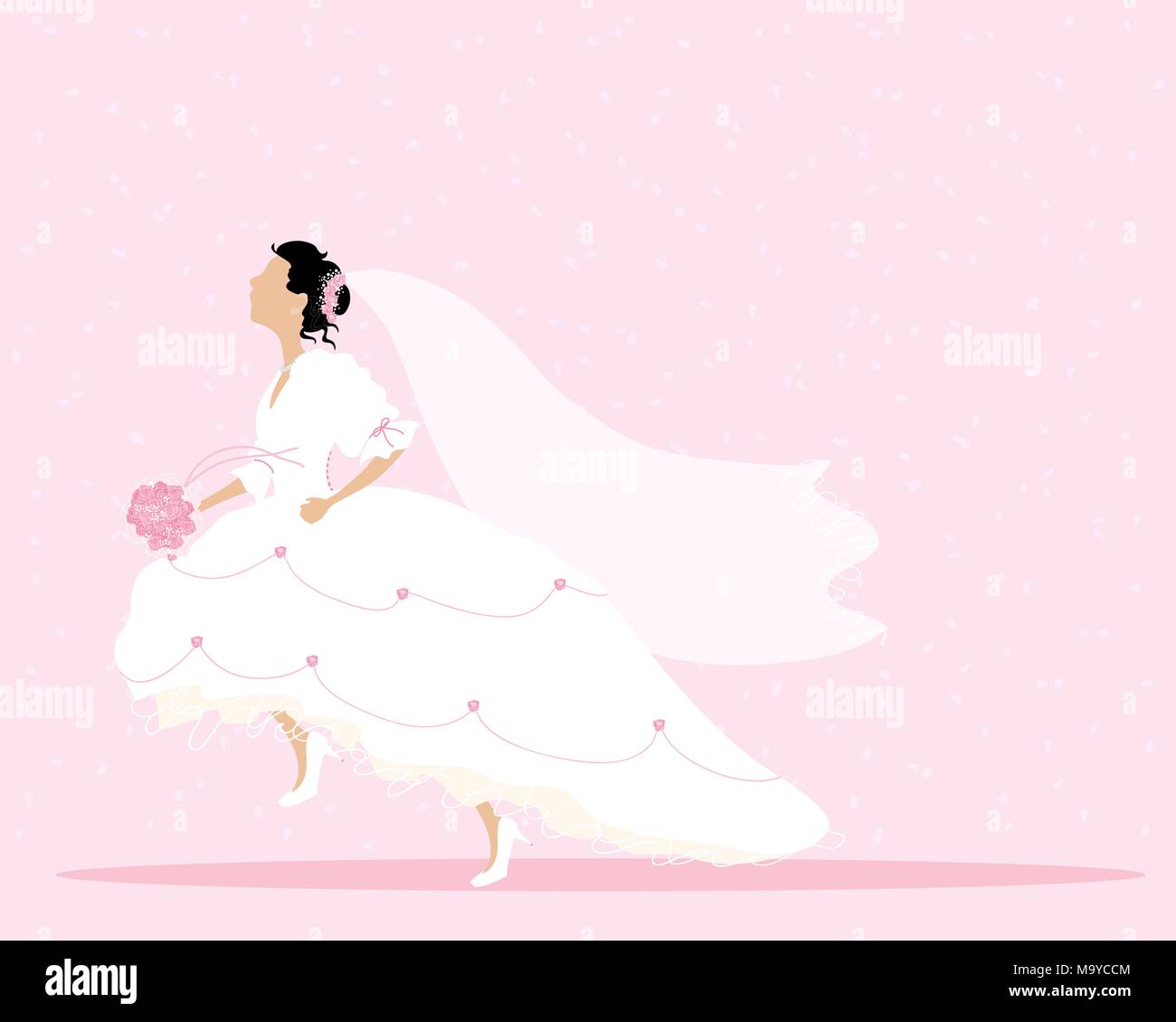 an illustration of a bride dressed in white and pink running with a ...
