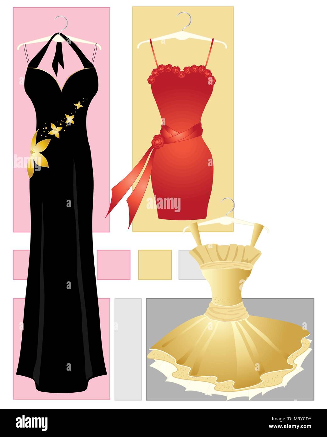an illustration of three party dresses in red gold and black on an ...