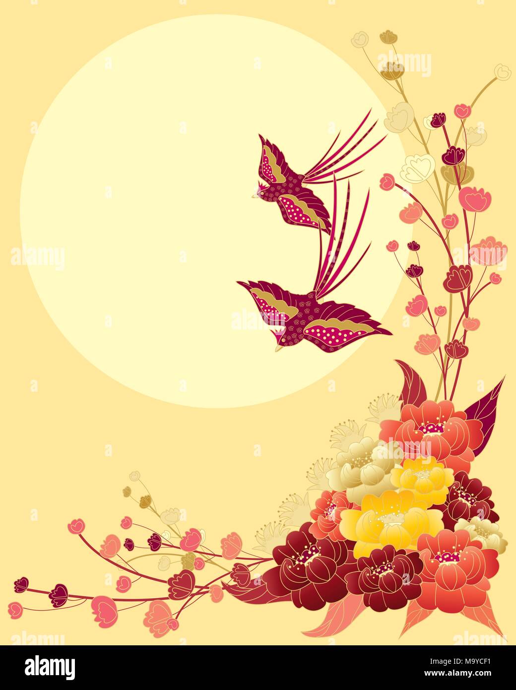 an illustration of a chinese floral design with peony flowers foliage ...