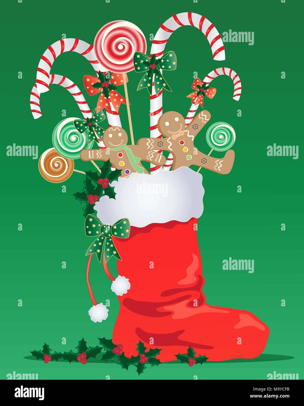 an illustration of a red christmas stocking with white trim full of ...