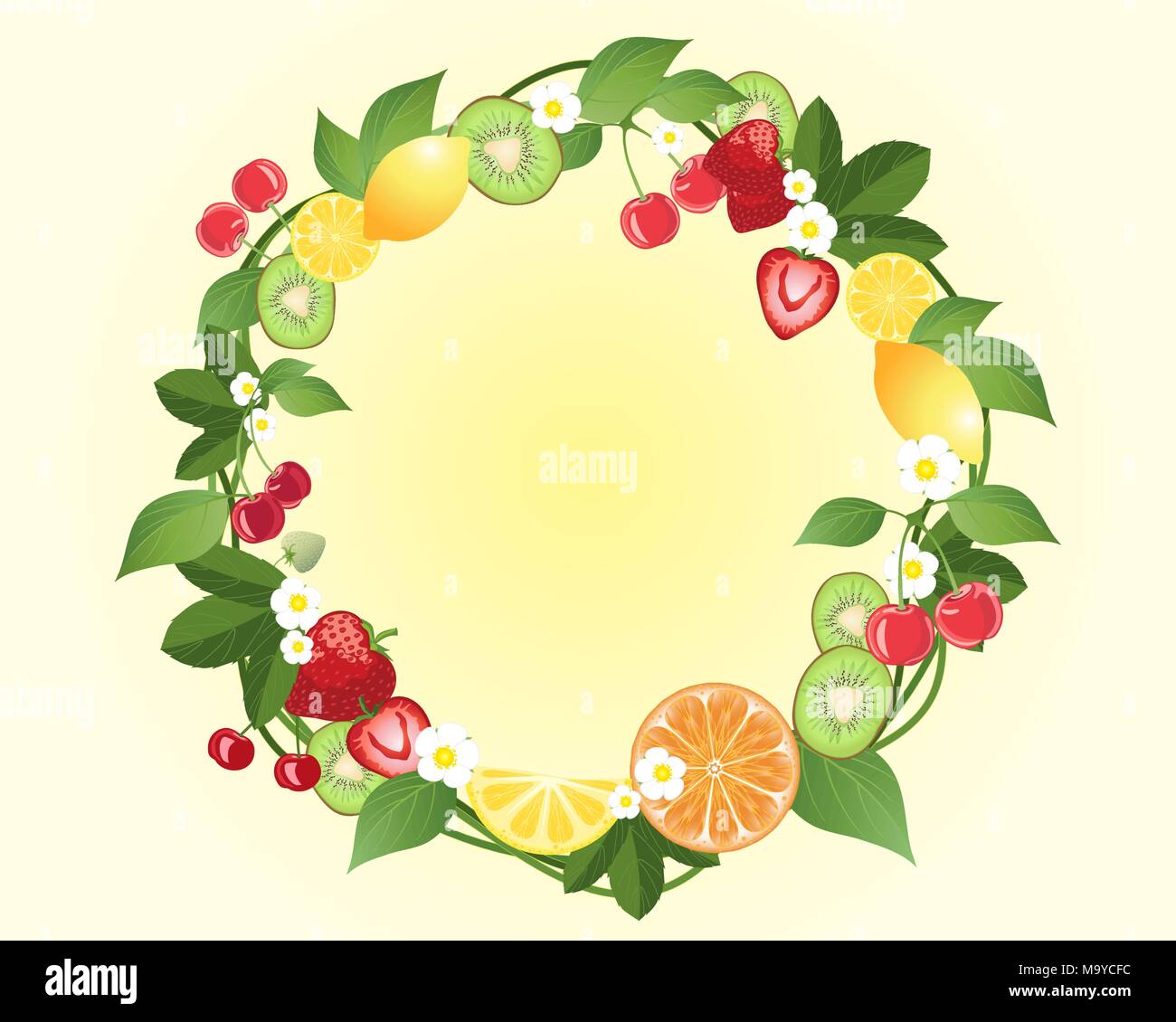 an illustration of a decorative fruit wreath with kiwi lemon cherries ...