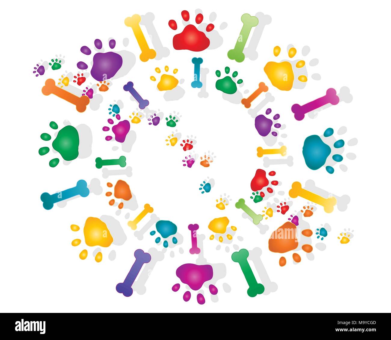 an illustration of colorful rainbow paw prints and bones with shadow in ...