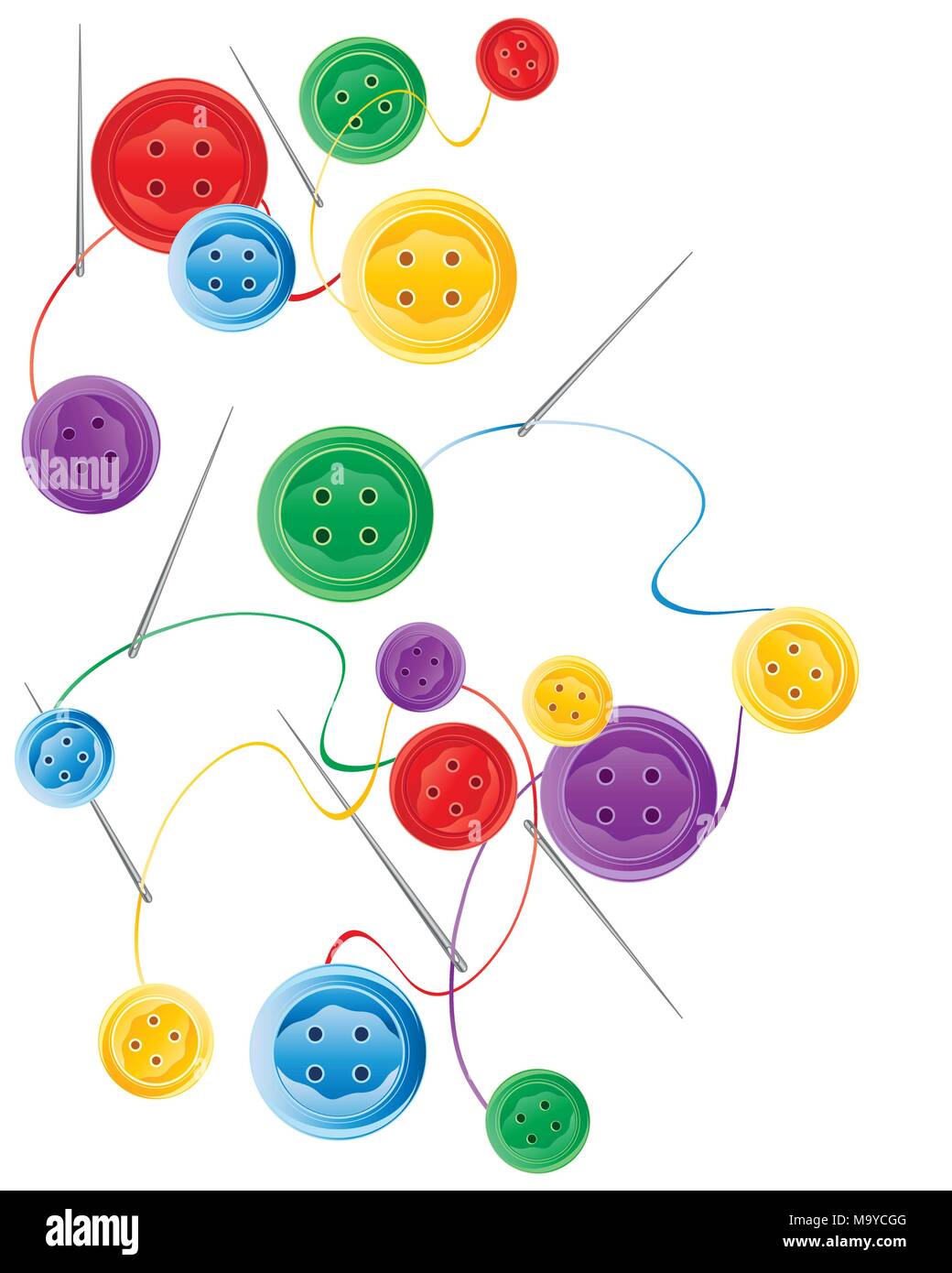 an illustration of colorful bright buttons with needles and thread ...