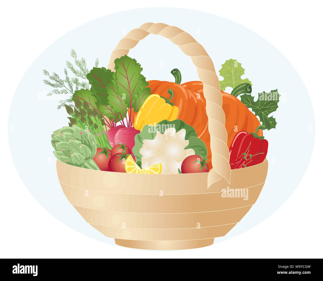 an illustration of a hamper full of colorful home grown organic ...