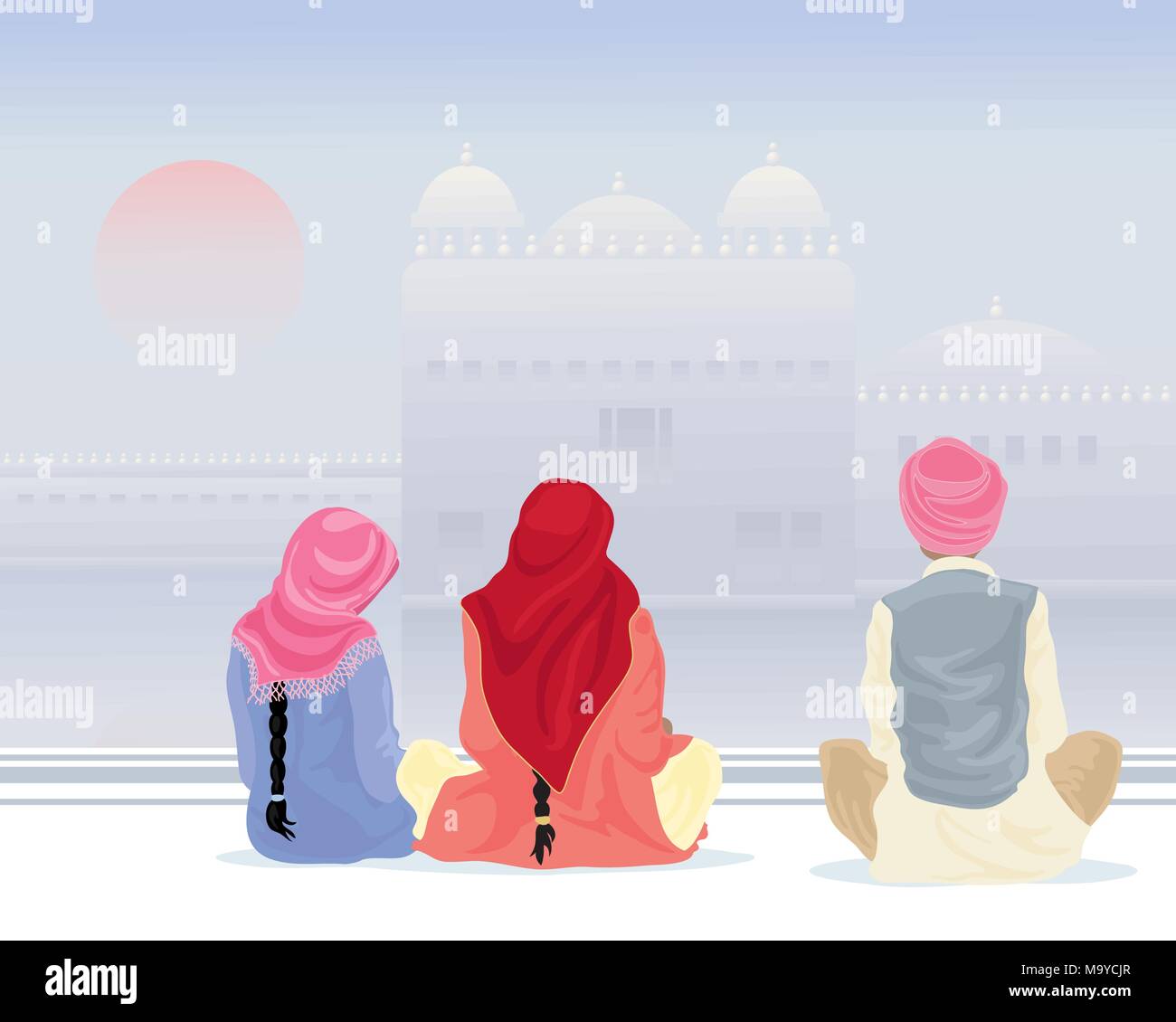 an illustration of three sikh pilgrims in traditional clothing praying ...