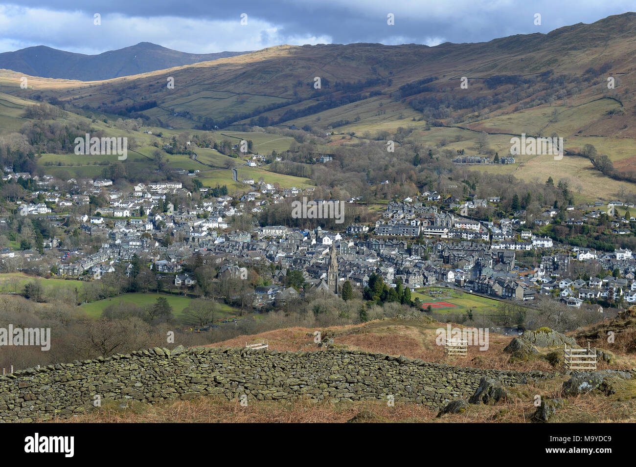Landscape image shows the view of the Lake District town of Ambleside ...