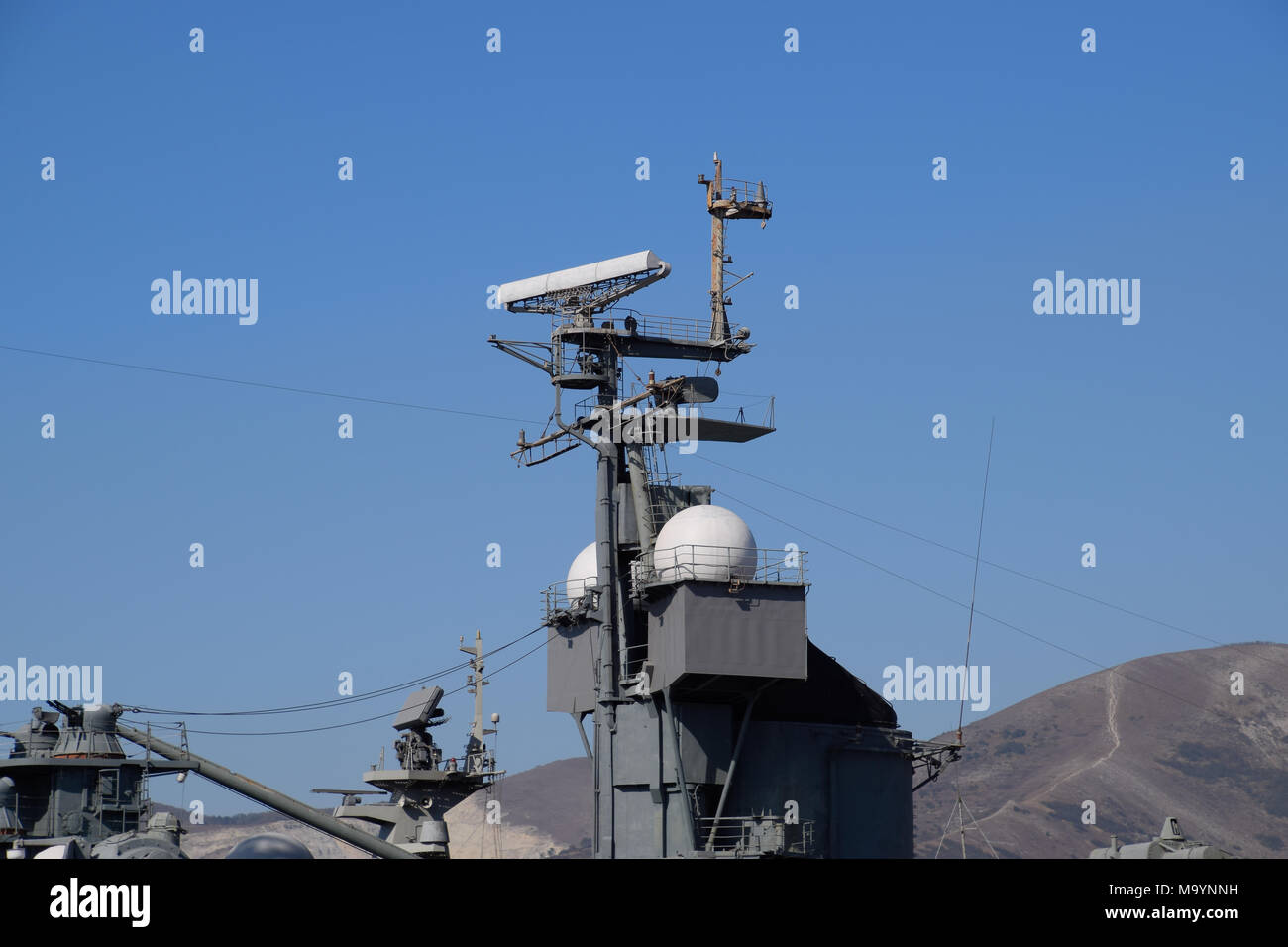 Mast warship. The lightning arresters and antenna shortwave and ...