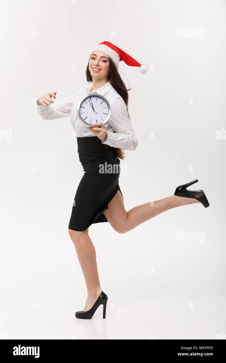 Rush time Concept - beautiful young caucasian woman running with clock ...