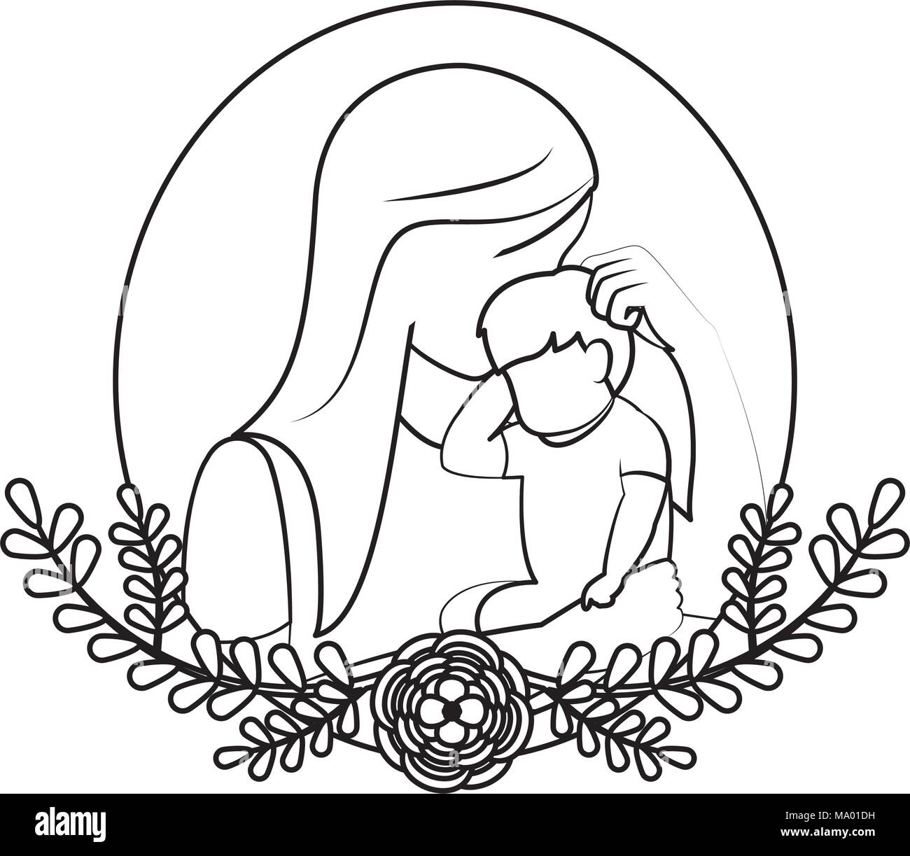 line mother with her son and leaves branches decoration Stock Vector ...
