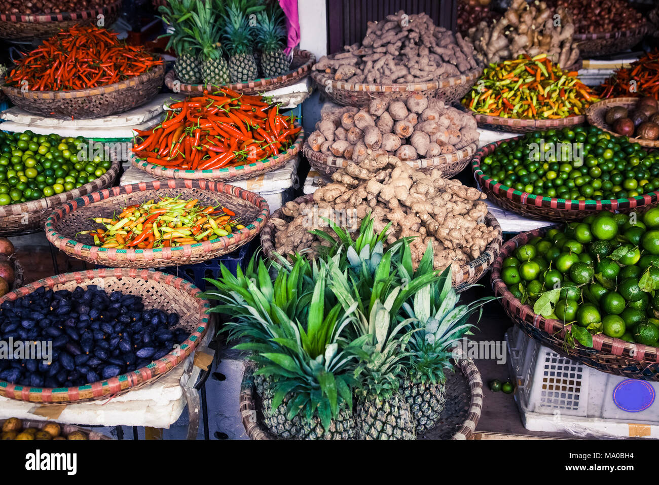 tropical spices and fruits sold at a local market in Hanoi (Vietnam ...